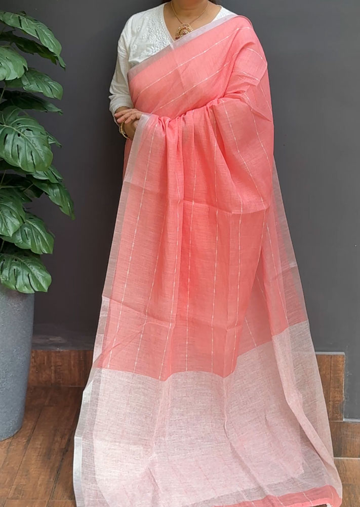 1570SR03 | Pastel Peach Soft Semi Linen Saree W/ Full Body Horizontal ...