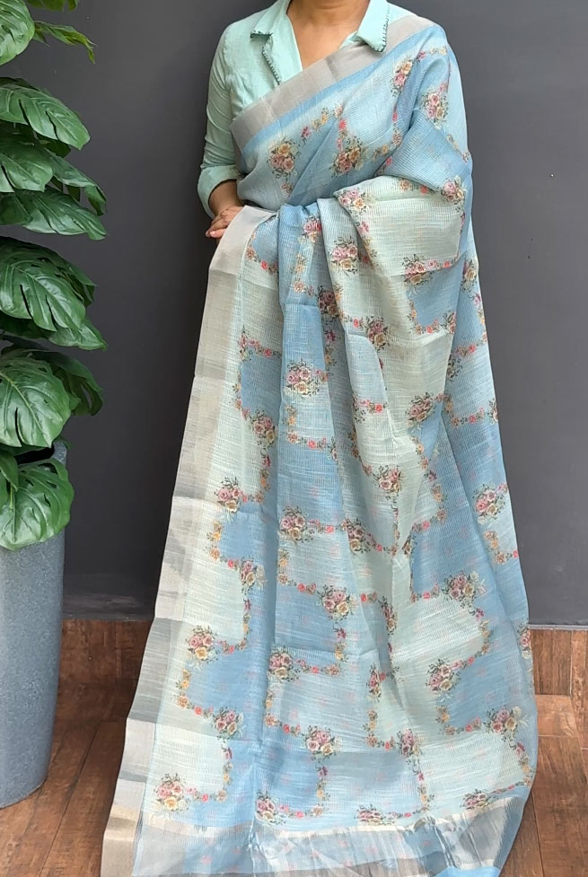 1538SR08| Powder Blue Soft Moonga Check Cotta Saree W/ Full Body ...