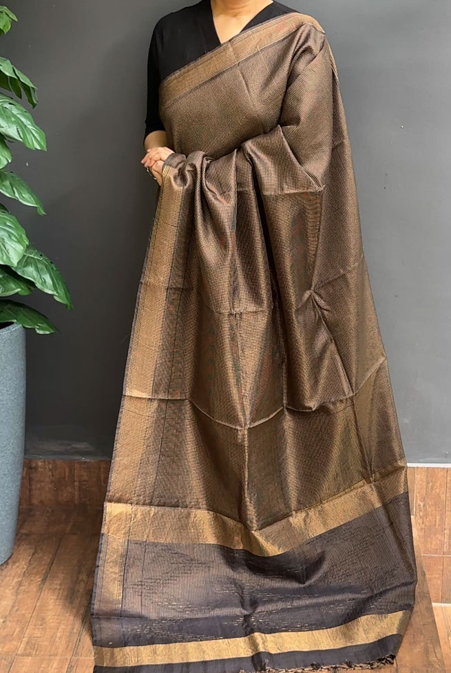 1556SR08 | Black Pure Tussar Silk Saree W/ Full Body Zari Check Weave ...