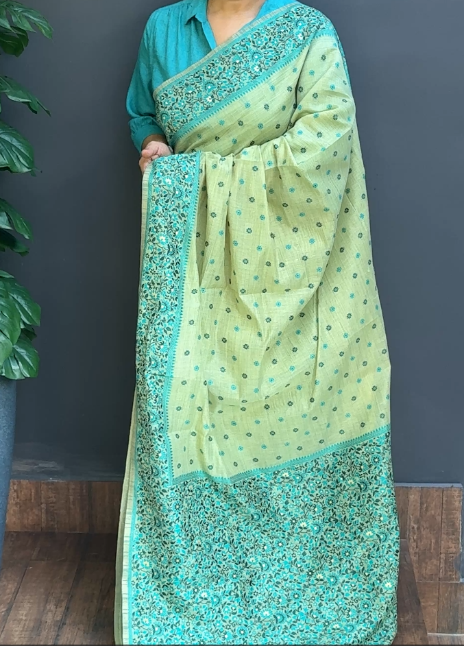1641SR01 | Pista Green Soft Semi Chanderi Saree W/ Full Body Multicolor ...