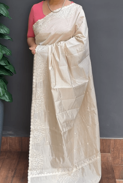 1647SR05 | Pearl Cream Soft Semi Silk Saree W/ Full Body Floral Motifs ...