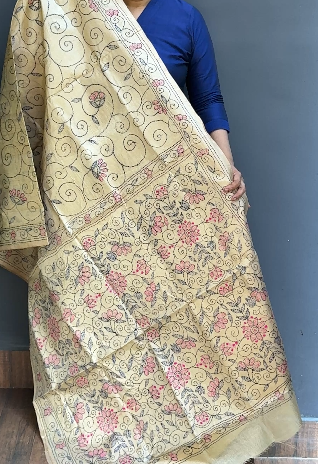 1633SR05 | Beige Soft Semi Tussar Saree W/Full Body Multicolor Kantha ...