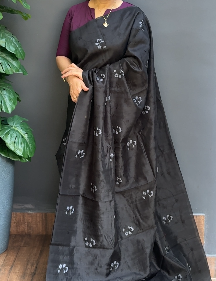 1702SR11 | Jet Black Soft Semi Silk Saree W/ Full Body Floral Jaal ...