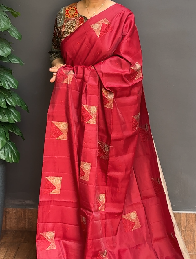 1740SR15 | Deepest Maroon Soft Semi Silk Saree W/ Full Body Geometrical ...