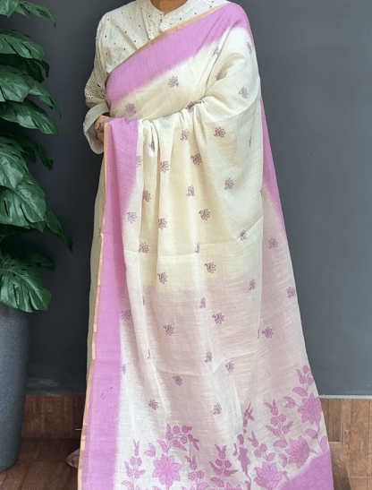 1770SR07 | Pearl Cream With Lavender-Purple Mul-Chanderi Saree W/ Full ...